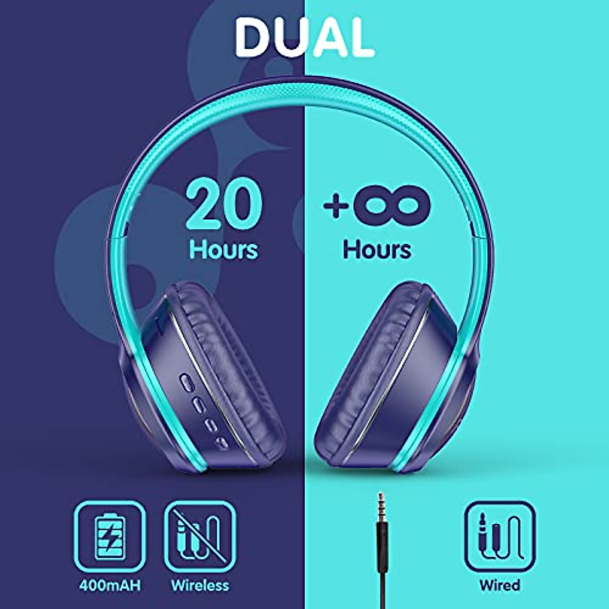 FFZ Kids Bluetooth Headphones, Kids Wireless Headphones, Headphones for Kids for School, Built-in Microphone, Colorful LED Lights, Foldable Headset, for Ipad/Tablet/Car/Airplane(Navy Blue)