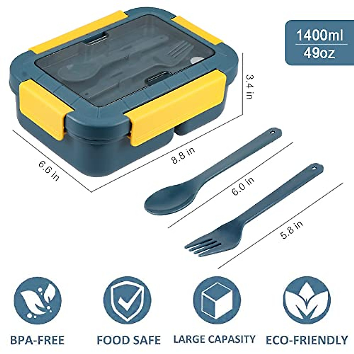 Iteryn Bento Box, Bento Box for Adults, 49 OZ 3 Compartments Bento Lunch Box with Spoon & Fork, Leakproof Bento Box, Microwave Safe