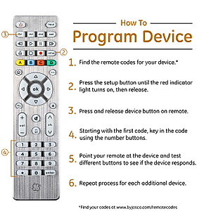GE Backlit Buttons Universal Remote Control, Samsung TV Remote Control Replacement, Samsung Remote Control for Smart TV, Roku Remote Replacement, Vizio, LG TV, Sony, Apple TV, 4-Device, Silver, 48844