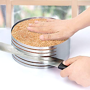 KEILEOHO Layer Cake Slicer Set, 2 PCS Stainless Steel Adjustable 7 Layered Bread Cutter Ring with Respective Diameter of 6-8 Inches and 9-12 Inches 3.4 Inches High and 1 PCS Adjustable Biscuit Cutter