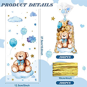 Maitys 100 Pieces Bear Baby Shower Treats Cellophane Bags Plastic Goodie Candy Bags with 100 Gold Twist Ties Gift Bags for Gender Reveal Birthday Party Favors (Blue,Sweet Style)