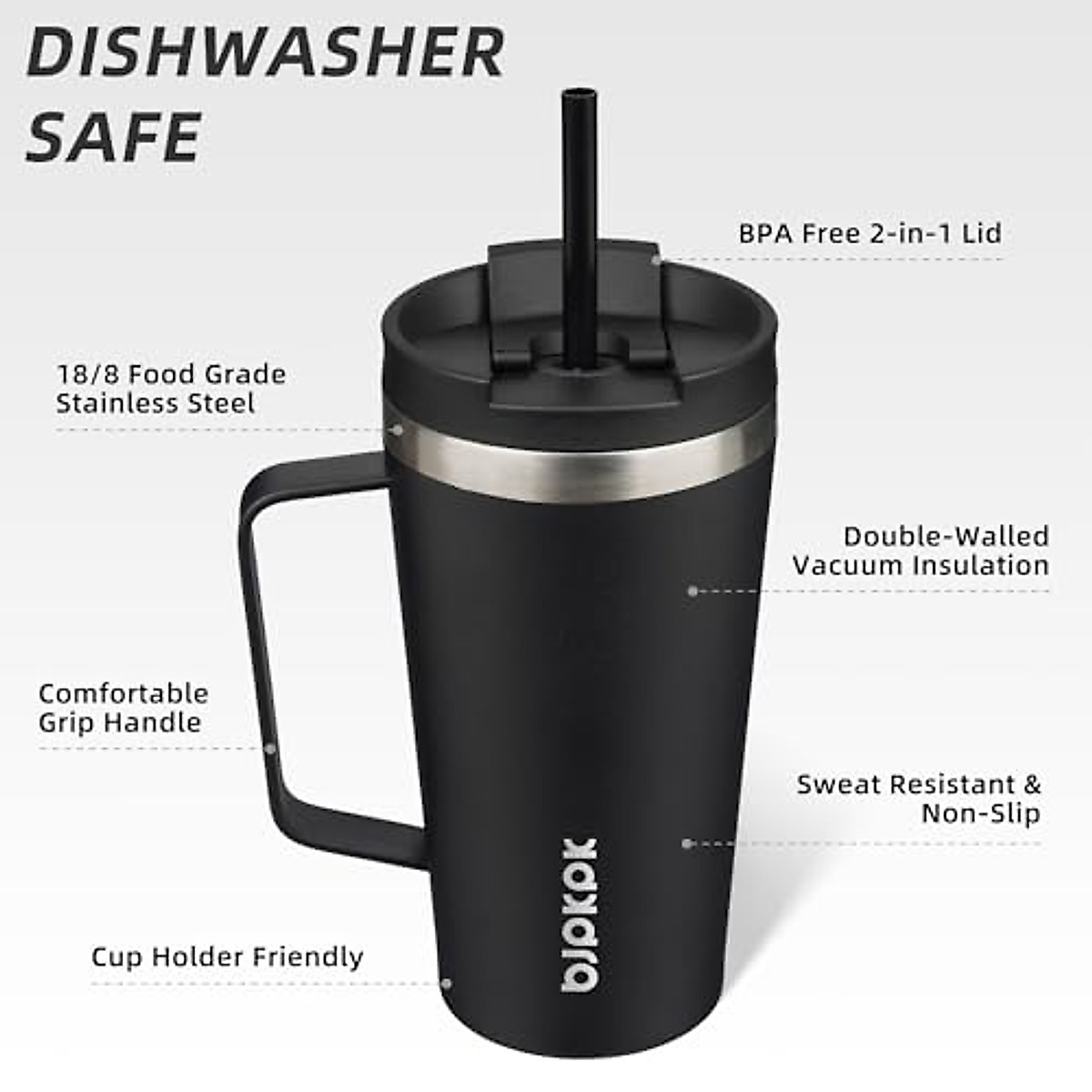 BJPKPK Insulated Tumbler with Handle, 18oz Insulated Tumblers with Lid and Straw, Stainless Steel Metal Water Bottles, Coffee Travel Mugs, Cups, Black