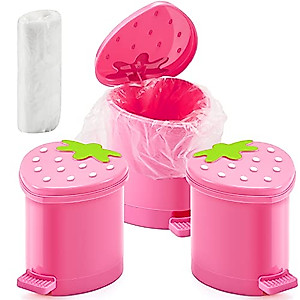 3 Pcs Strawberry Trash Can with 100 Pieces of Trash Bags Cute Trash Can Desktop Trash Can Mini Pink Pop up Garbage Can Strawberry Countertop Wastebasket for Desk Bathroom Bedroom Kitchen Office