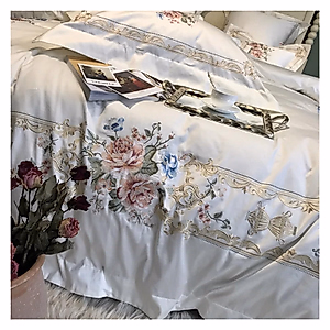 IBDRYKK White Blue Pink Luxury Flowers Embroidery 100S Egyptian Cotton Palace Bedding Set Duvet Cover Bed Sheet/Linen Pillowcases, All Season (Color : One Color, Size : Queen Size 4pcs)