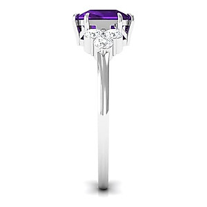 Rosec Jewels Certified Amethyst 8mm Asscher Cut Engagement Ring, AAA Quality, Natural Amethyst Diamond Ring - Ideal For Gift, 14K White Gold, Size:US 7.00