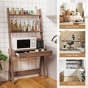 Giantex 3 Tier Ladder Desk with Drawer, 33" Width Walnut Ladder Shelf with Anti-Tipping Device, Freestanding Bookshelf, Leaning Computer Desk with Shelves for Small Space