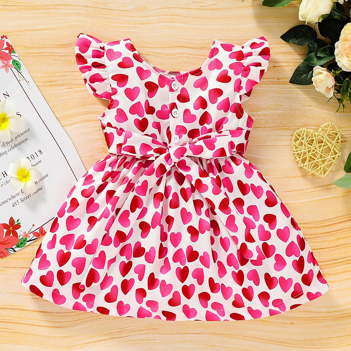 Toddler Girls Valentine's Day Dress Baby Ruffled Stripe Love Heart Print Princess Sundress One-Piece Clothes (Red, 18-24M)