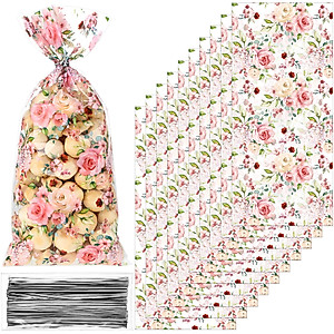 Outus 100 Pieces Eucalyptus Party Cellophane Treat Bag Floral Candy Bags for Baby Shower Wedding Bridal Shower Supplies Favors Decorations Birthday Theme Greenery Floral Graduation Decor (Flowers)