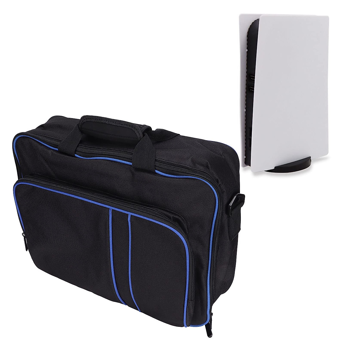 ASHATA Portable Travel Carrying Bag for PS5, Large Capacity Protective Console Case with Adjustable Shoulder Strap and Flared Pad for Games Controller(Blue Black)