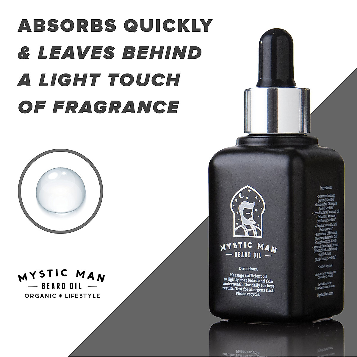 Mystic Man Organic Premium Beard Oil - (Promotes Growth, Softens and Strengthens Beard & Mustache), USDA Organic, Leave-In Conditioner with Sandalwood, and Jojoba Oil, 1.0 Fl oz.