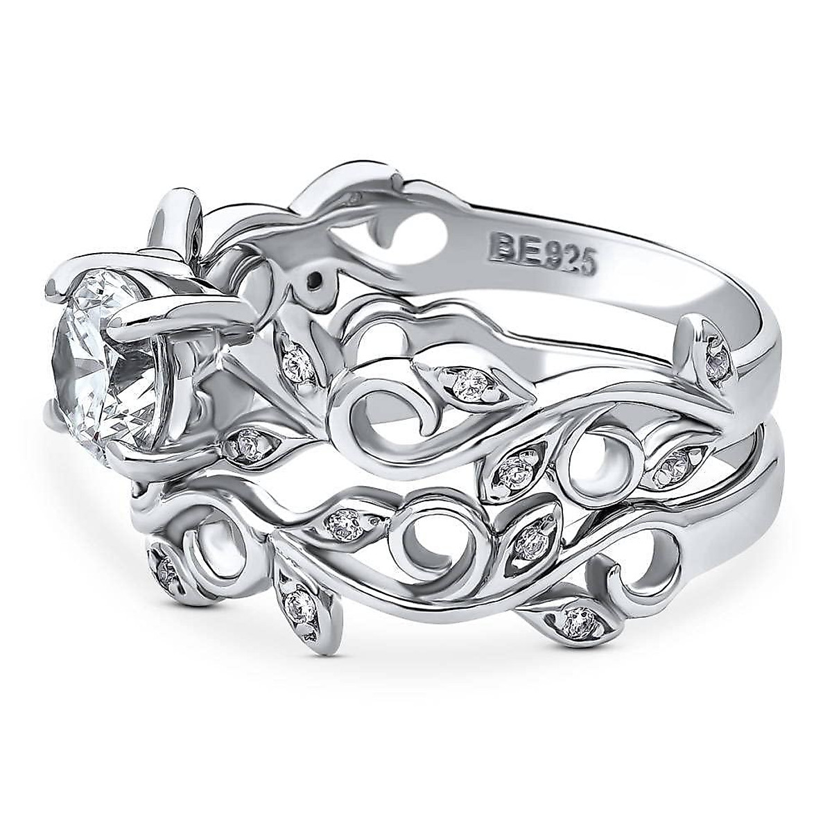 BERRICLE Sterling Silver Leaf Wedding Engagement Rings Cubic Zirconia CZ Solitaire Ring Set for Women, Rhodium Plated Size 7