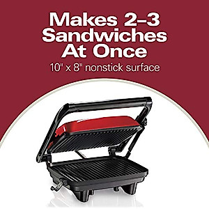 Hamilton Beach Electric Panini Press Grill with Locking Lid, Opens 180 Degrees for Any Sandwich Thickness, Nonstick 8" X 10" Grids, Red (25462Z)