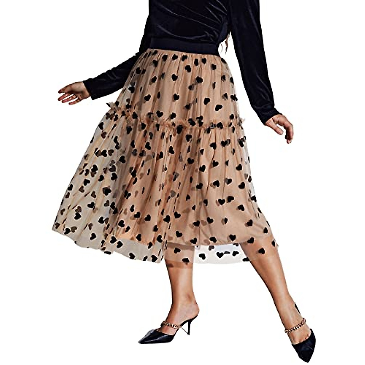 Floerns Women's Plus Size Heart Printed Contrast Mesh Frill Trim Flared Midi Skirt Apricot 2XL