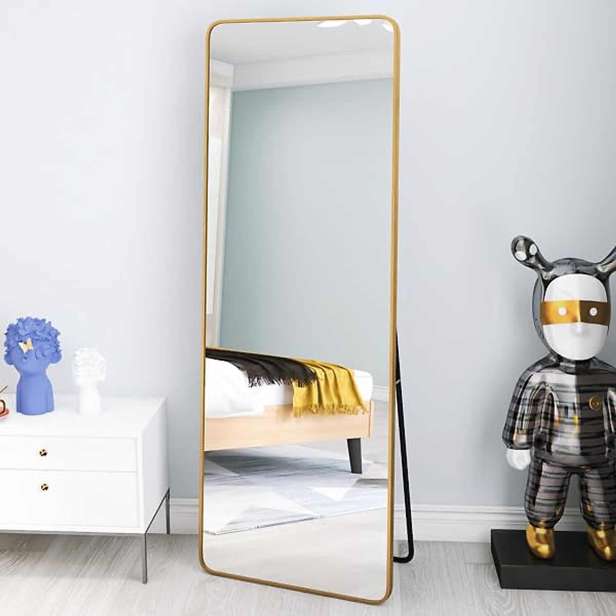 Cozybedin Square Rounded Corners Full Length Mirror Floor Mirror, Bedroom Mirror ，Dressing Mirror with Aluminum Alloy Frame，65" x 22" (Gold)