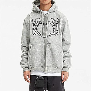 Women Men Oversized Zip Up Sweatshirt Hoodie Jacket Halloween Skeleton Print Coat Aesthetic Streetwear Top Gray