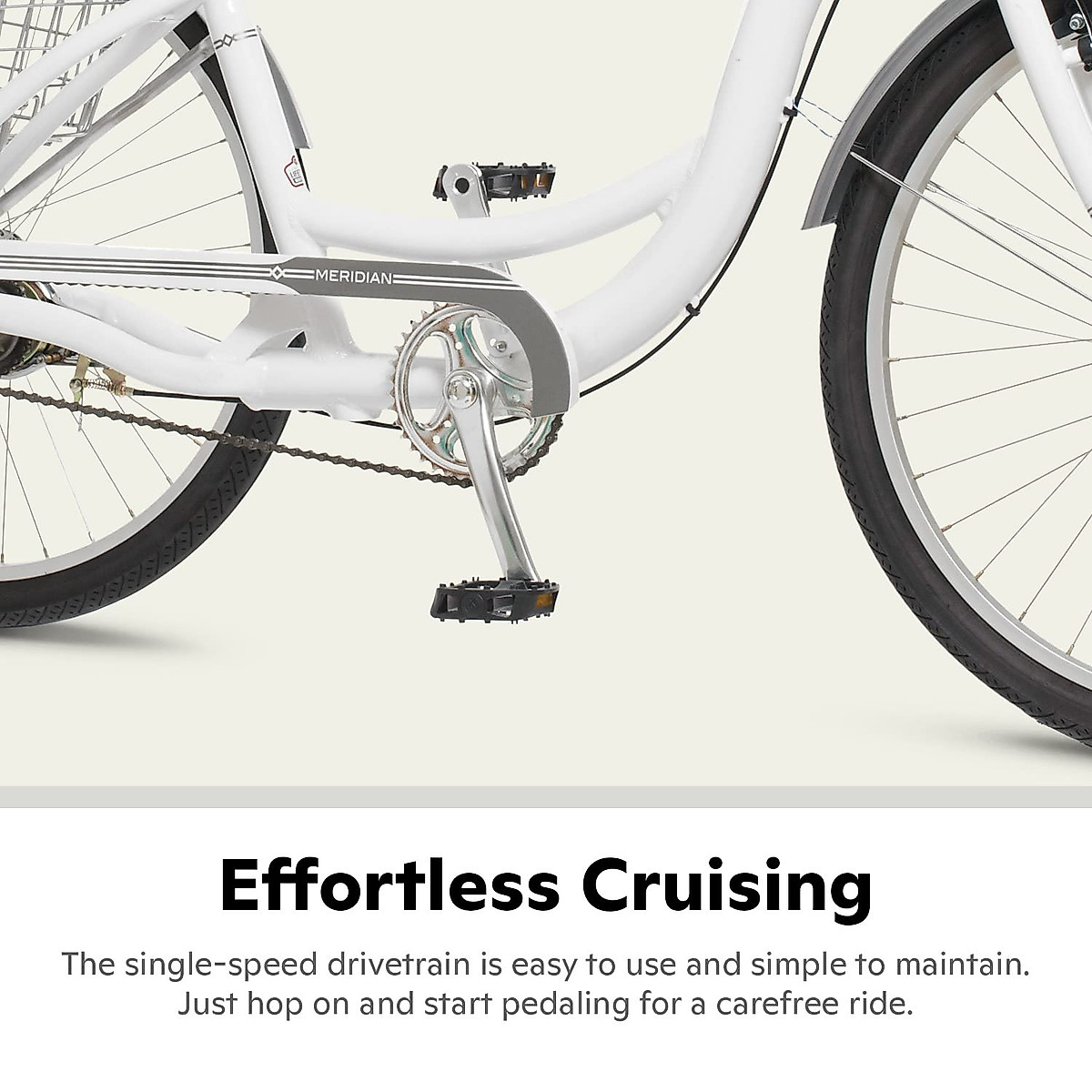 Schwinn Meridian Adult Tricycle Bike, Mens and Womens Three Wheel Beach Cruiser, 26-Inch Wheels, Low Step-Through Frame, Wide Seat, Rear Folding Basket, Single-Speed, White