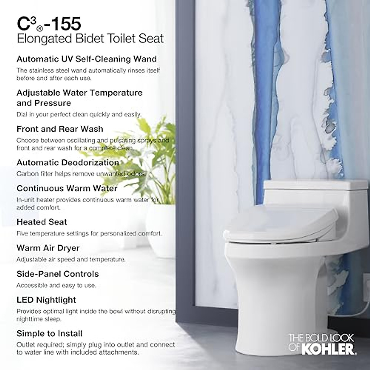 KOHLER 8298-0 PureWash E590 Elongated Bidet Toilet Seat, Heated Bidet, Bidets for Existing Toilets, Nightlight, Self-Cleaning Nozzle, Biscuit