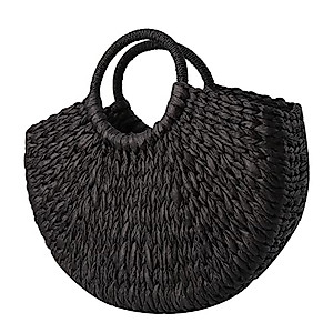 JUNYY Summer Beach Round Bucket Tote Bag For Women Woven Straw Bag Handmade Bohemian Rattan Handbag(Black)