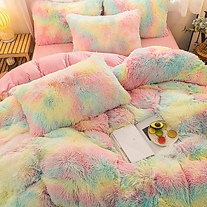 MorroMorn 5 PCS Shaggy Duvet Cover Bedding Set - Fluffy Comforter Cover Long Faux Fur Luxury Ultra Soft Cozy (Rainbow, Full/Queen)