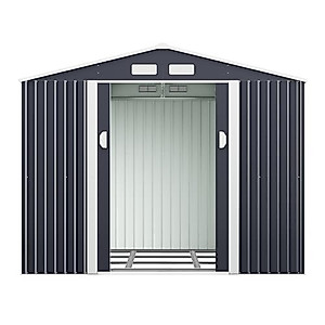 OELUBBY 9.1' x 10.5' Storage Shed Outdoor Metal Storage Clearance, Utility Large Shed Tool House for Backyard Garden Lawn Mower Equipment Organizer w/Lockable Sliding Door, Vents, Floor Frame - Gray