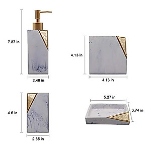 Cozy Villa 5-Piece Bathroom Accessories, Lotion Dispenser, Soap Dish, Toothbrush Holder, Tumblers, White Marble with Gold Design