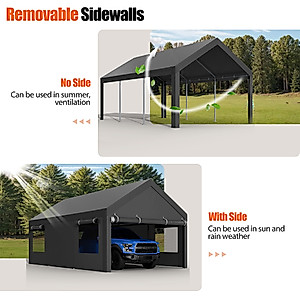 JAMFLY Carport, 12x20 ft Heavy Duty Carport Canopy with Roll-up Windows, Portable Garage with Removable Sidewalls & Doors, Car Canopy with All-Season Tarp for Car, Truck, Boat