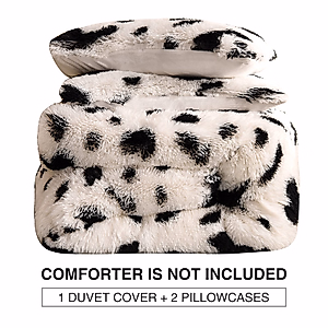 Aimuan Plush Shaggy Duvet Cover Set Faux Fur Fuzzy Cow Print Bedding Comforter Cover & Sets, Luxury Ultra Soft Crystal Velvet Reverse Fluffy Quilt Cover Set 3 Pcs (White, Queen)