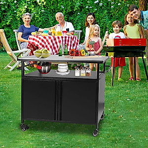 Karpevta Outdoor Grilling Table with Storage, Metal Outdoor Grill Cart with Storage and Wheels,Stainless Steel Countertop Kitchen Island Cart and Storage Cabinet for BBQ,Patio,Backyard