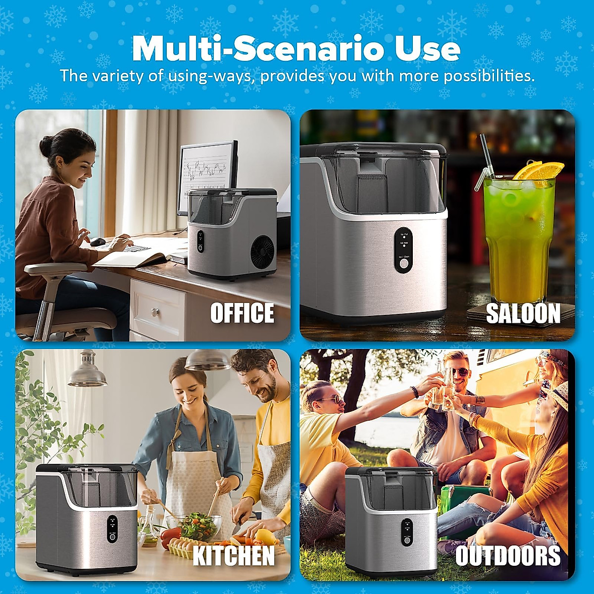 Kikihuose Nugget Countertop Ice Maker with Soft Chewable Pellet Ice, Portable Pebble Ice Machine 33lbs/24H, Self-Cleaning, Sonic Ice, One-Click Operation, for Kitchen, Office- Stainless Steel Silver