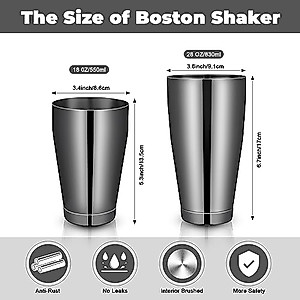 6 Pcs Cocktail Shakers Professional Bar Shaker Boston Shaker Set Stainless Steel Martini Shaker Drink Mixer Basic Tool Weighted Shake Metal Can Cocktail Shaker Set, 18 oz, 28 oz (Black)