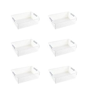 Whale Pocket 6 PCS Plastic Storage Basket, Slim White Organizer Tote Bin Shelf Baskets for Closet Organization, De-Clutter, Toys, Cleaning Products, Accessories(11.8 x 8.5x 3.4in)