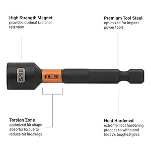 Railer Nut Driver Set - Premium S2 Steel 2-9/16 Inch 5-Piece Nutsetter Bit Set with A Storage Bit Holder & Carabiner