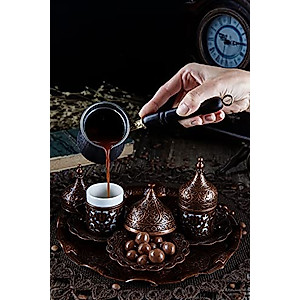 DEMMEX 2023 Turkish Greek Arabic Coffee Full Set with Cups Saucers Lids Sugar Bowl Tray and Copper Coffee Pot, 12 Pcs