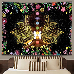 Ine Ive African Chakra Tapestry African American Woman Zen Meditation Tapestry 80x60 Inch Starry Sky Flower Garden Tapestry Inspirational Afro Yoga Wall Art Tapestry for Bedroom Dorm Decor GTDWIE0157