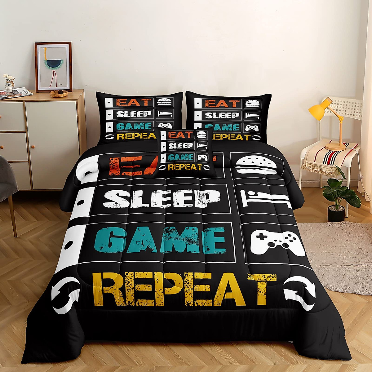 ROWADALO 6 Pieces Gaming Bedding Set for Boys Gamer Comforter Set Full Size,Game Controller Comforter for Boys Kids Teen 3D Gamepad Microfiber Bedding Sets 6 Pieces Bed in A Bag Sets-H5008,Full