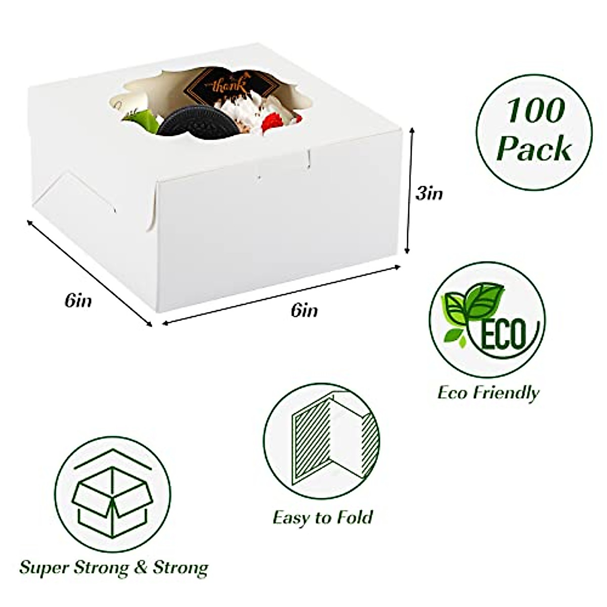 TOMNK 50pcs 6x6x3 Inches White Bakery Boxes with Window Cookie Boxes Dessert Boxes Pastry Boxes for Strawberries Cupcakes Chocolate Muffins Donuts and Party Favor
