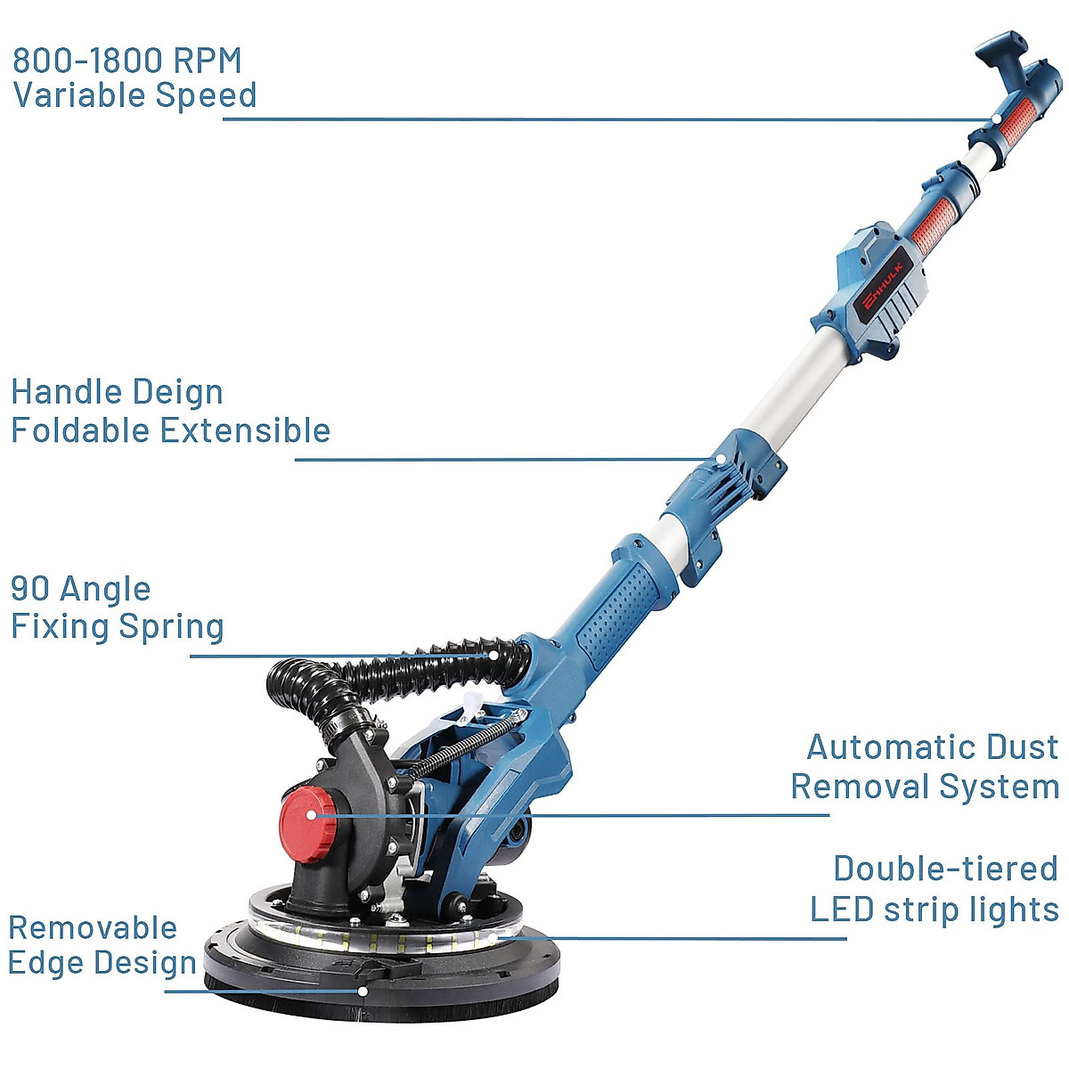 Enhulk Drywall Sander, 900W 7.2A Electric Drywall Sander with Vacuum Auto Dust Collection, 6 Variable Speed 800-1800RPM, Double-Deck LED Lights, Extendable & Foldable Handle, 12 Sanding Discs