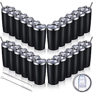 Eaasty 25 Pack Insulated Travel Tumbler with Straw and Lids 20 oz Stainless Steel Vacuum Tumbler Cups Powder Coated Coffee Mug for Cold and Hot Drinks (Black)