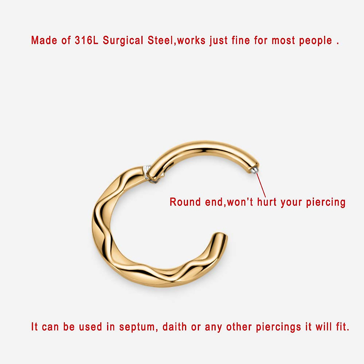 FANSING 316L Surgical Steel Wavy Hinged Cartilage Earring Hoop Piercing Earrings for Women Daith Helix Tragus 16 Gauge Septum Jewelry 8mm Nose Rings Septum Clicker Rose Gold