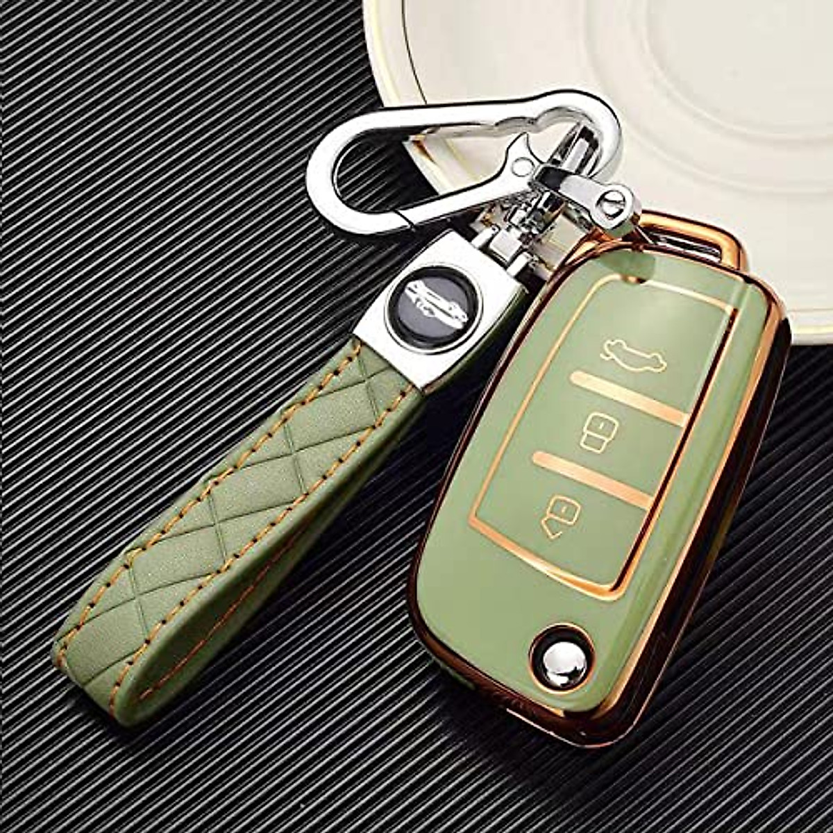 Moly Magnolia Microfiber Leather Car Keychain, Zinc Alloy Key Fob Holder, 360° Rotatable Keyring with Anti-Lost D-Ring for Women Men (Green)