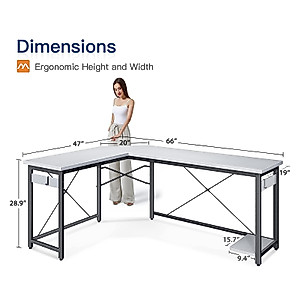 Coleshome 66" L Shaped Gaming Desk, L Shaped Desk, Computer Desk, Gaming Desk, Writing Desk, Home Office Desk, White