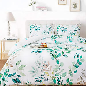 Likiyol Duvet Cover Queen Size- Green Eucalyptus Leaves Plant Bedding Sets with Zipper Closure & Corner Ties, Soft Breathable Microfiber Comforter Cover 3Pcs(1 Duvet Cover 90''x90''+2 Pillowcases)