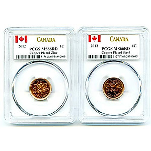 2012 Royal Canadian Mint Canada TWO COIN COPPER PLATED STEEL AND ZINC SET Last Year Of Issue PCGS MS66