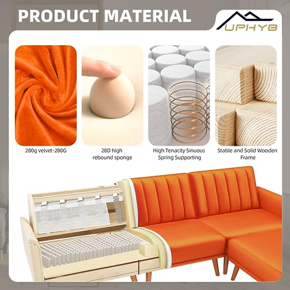 UPHYB L-Shaped Orange Velvet Sectional Recliner Sofa Couch, 105" Modern Convertible Sleeper Sofa Bed with Adjustable Backrest, 3 Seat Sofa Set with Ottoman and 2 Pillows for Living Room and Apartment