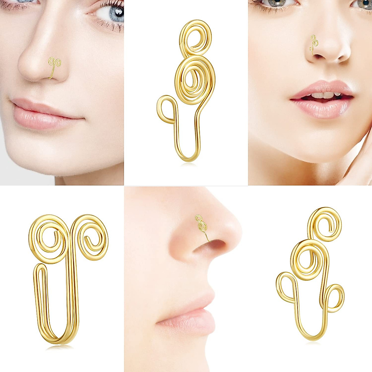 Fzroezz 9 Pcs African Nose Cuff Non Piercing Fake Nose Ring Piercings 20 Gauge Clip on Surgical Stainless Steel Nose Cuffs Rings Pack for Women Men Non Pierced Nose Cute Set Unique Ethnic Indian Gold