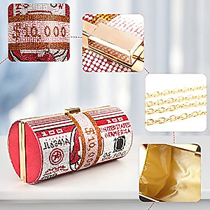LADIHAB Money Roll Purse Bling Diamond Purse for Women Sparkly Purse Dollar Clutch Purse Red Rhinestones Evening Clutch for Party