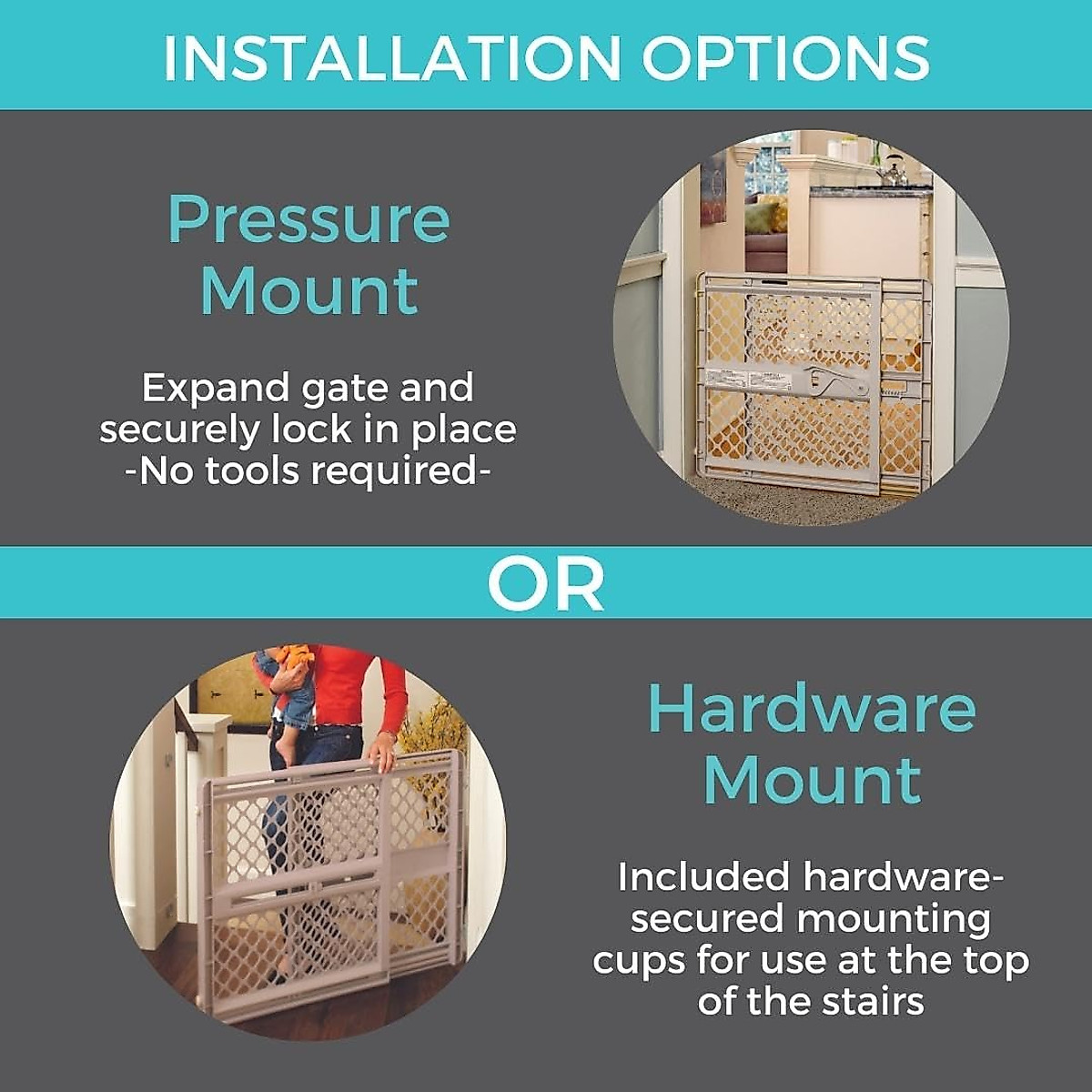 Toddleroo by North States Supergate Ergo Child Gate, Baby Gate for Stairs and Doorways. Includes Wall Cups. Pressure or Hardware Mount. Made in USA. (26" Tall, Sand)