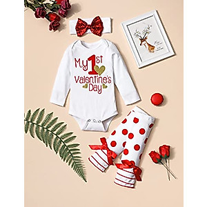 DONWEN Baby Valentine Outfits 3-6 Months My 1st Valentine's Day Baby Girl Outfit Set Long Sleeve Red Romper Bodysuit Dots Leg Warmers Cute Valentine Outfit Baby Girl