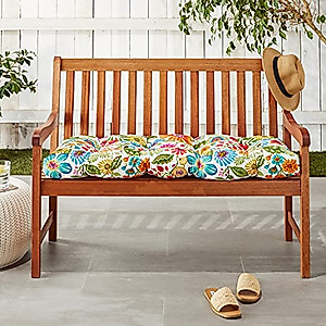 Pillow Perfect Bright Floral Outdoor Wicker Patio Sofa Setee Swing Cushion, Tufted, Weather, and Fade Resistant, Round Corner - 19" x 44", Blue/Purple Gregoire, 1 Count