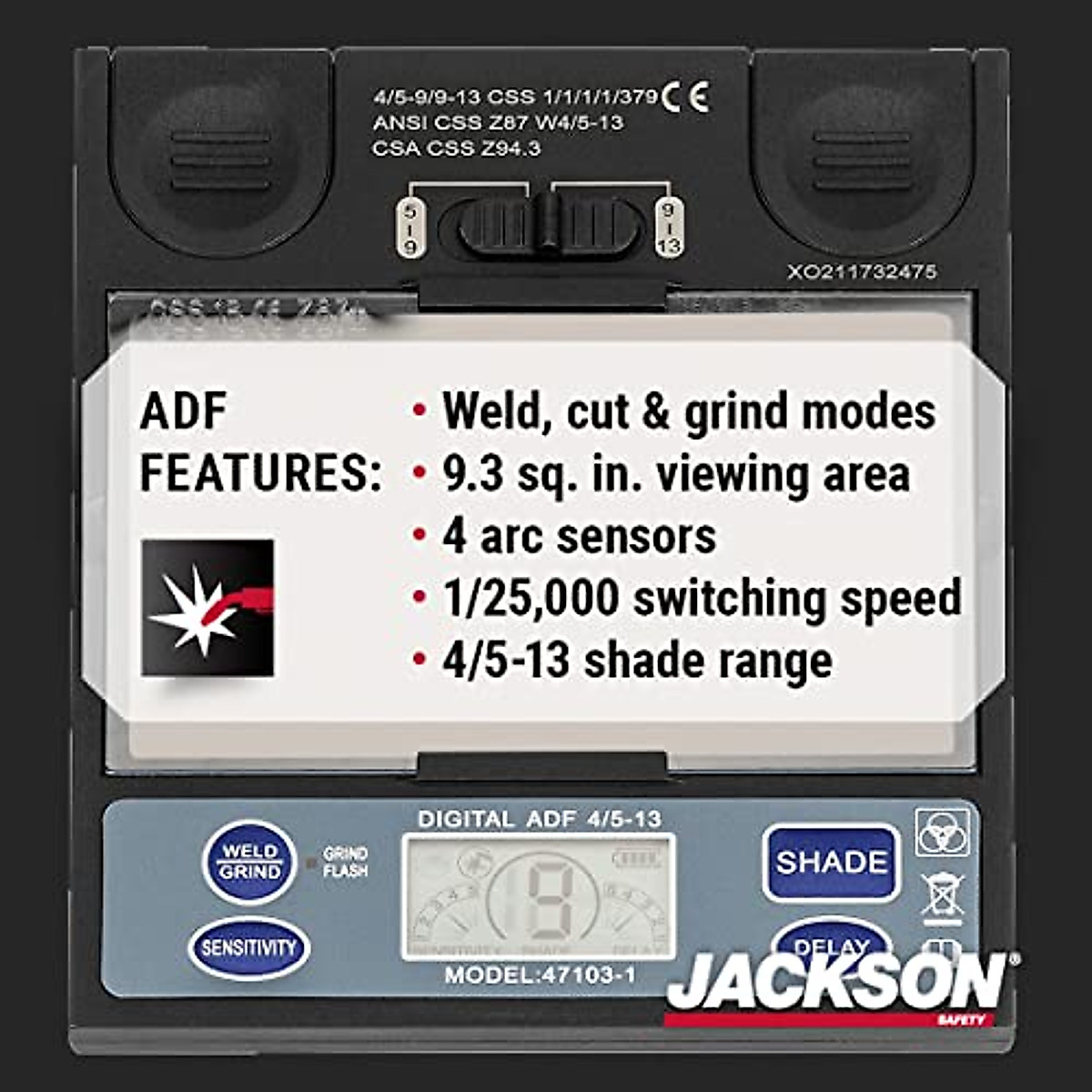 Jackson Safety Premium Auto Darkening Welding Helmet 4/5-13 Shade Range, 1/1/1/1 Optical Clarity, 1/25,000 sec. Response Time, 370 Speed Dial Headgear, Freedom Graphics, Red/White/Blue, 47103